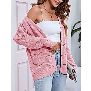 KOJOOIN Women's Crochet Cardigan Lightweight Kimono Long Sleeve Hollow Out Kint Outwear Sweater Barbie Pink M