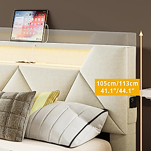 ANCTOR Twin Bed Frame with Storage Headboard and Charging Station, LED Lights Upholstered Platform Bed, Heavy Duty Steel Support Legs, Easy Assembly, Noise Free, Beige