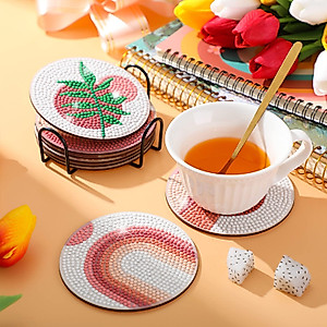 Vesici 8 Pcs Diamond Art Coasters with Holder Cat Shaped DIY Diamond Art Coasters Diamond Art Kits Diamond Crafts Coasters for Adults Kids Beginner Gift Supplies (Boho)