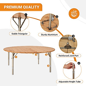 KingCamp Bamboo Round Folding Table Camping Table for Teepee Bell Tent 3 Fold Portable Camp Table with Heavy Duty Adjustable Height Aluminum Leg for Camping Picnic Indoor & Outdoor Card Game Dinning
