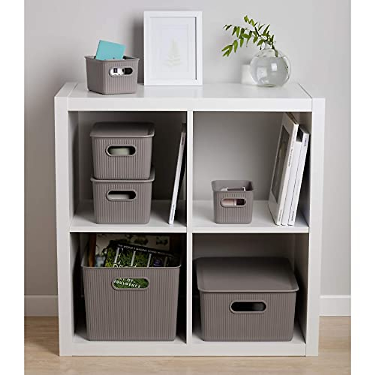 Superio Ribbed Collection - Decorative Plastic Lidded Home Storage Bins Organizer Baskets, X-Large Taupe (1 Pack - 22 Liter) Stackable Container Box, for Organizing Closet Shelves Drawer Shelf