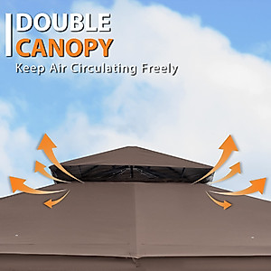 BACKYADOOR 10'X12' Gazebo, Outdoor Gazebo with Mosquito Netting, Patio Gazebo with Ventilation Double Roof for Patio, Deck, Garden (Dark Brown)