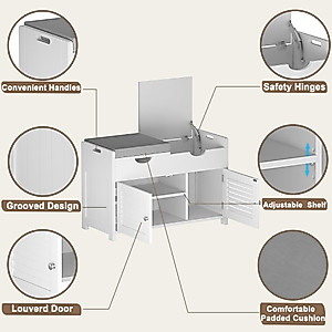 ChooChoo Shoe Storage Bench with Lift Top Storage, Entryway Bench with 2 Cushioned Seats, 3 Compartments, Adjustable Shelf, Shoe Cabinet with Hidden Storage for Entryway, Bedroom, Living Room, White