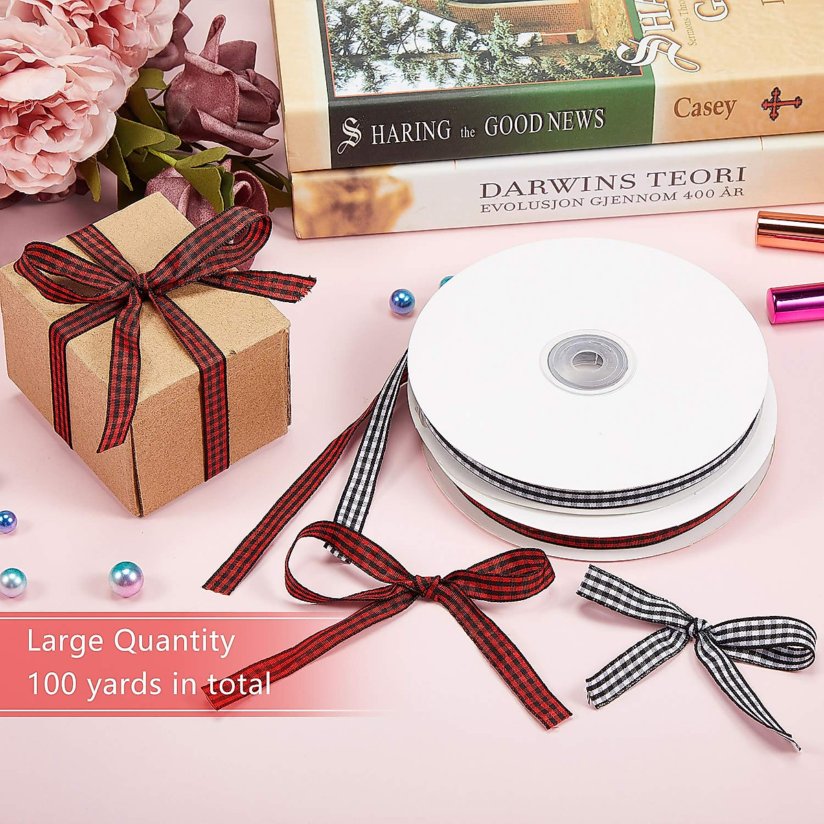100 Yards Easter Gingham Ribbon - 3/8 Inch Wide Checkered Ribbons for Hair, Craft Decoration & Gift Wrapping - Valentine's Day - 2 Rolls (Red & Black, Black & White)