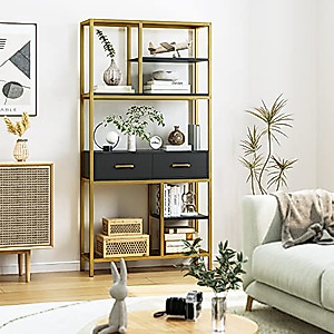 HITHOS Bookshelf, Tall Bookcase with 2 Drawers and Storage Shelves, Industrial Etagere Bookcase Book Shelves for Office, Living Room, Black/Gold