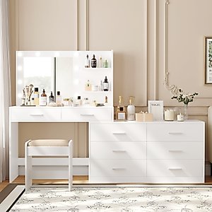 Rovaurx 65" W Makeup Vanity Set with Mirror and 3-Color Lights, Large Vanity Table with 8 Drawers & Side Storage Shelf, Adjustable Width, Bedroom Dressing Table with Stool, for Women, White RSZT109WD