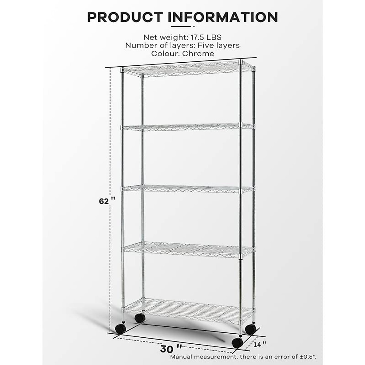 MGHH Garage Shelving, Metal Shelves 5 Tier Wire Shelving Unit Adjustable Heavy Duty Sturdy Steel Shelving Rolling Cart with Casters for Pantry Garage Kitchen (Chrome, 14" D x 30" W x 60" H)