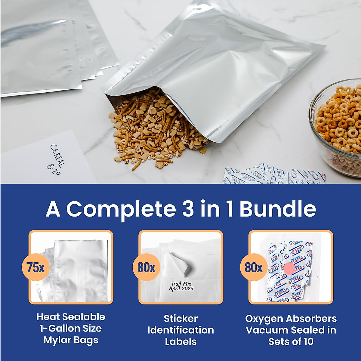 75x Wallaby 1-Gallon Mylar Bag Bundle - (5 Mil - 10" x 14") Mylar Bags, 80x 400cc Oxygen Absorbers, 80x Labels - Heat Sealable, Food Safe, & Reliable Long Term-Food Storage Solutions - Silver