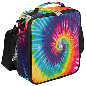 Swirl Tie Dye Lunch Box for Kids, Rainbow Geometry Insulated Lunch Bag for Boys Girls, Reusable Waterproof Lunch Box with Adjustable Shoulder Strap Cooler Tote Bag for School, Work, Picnic