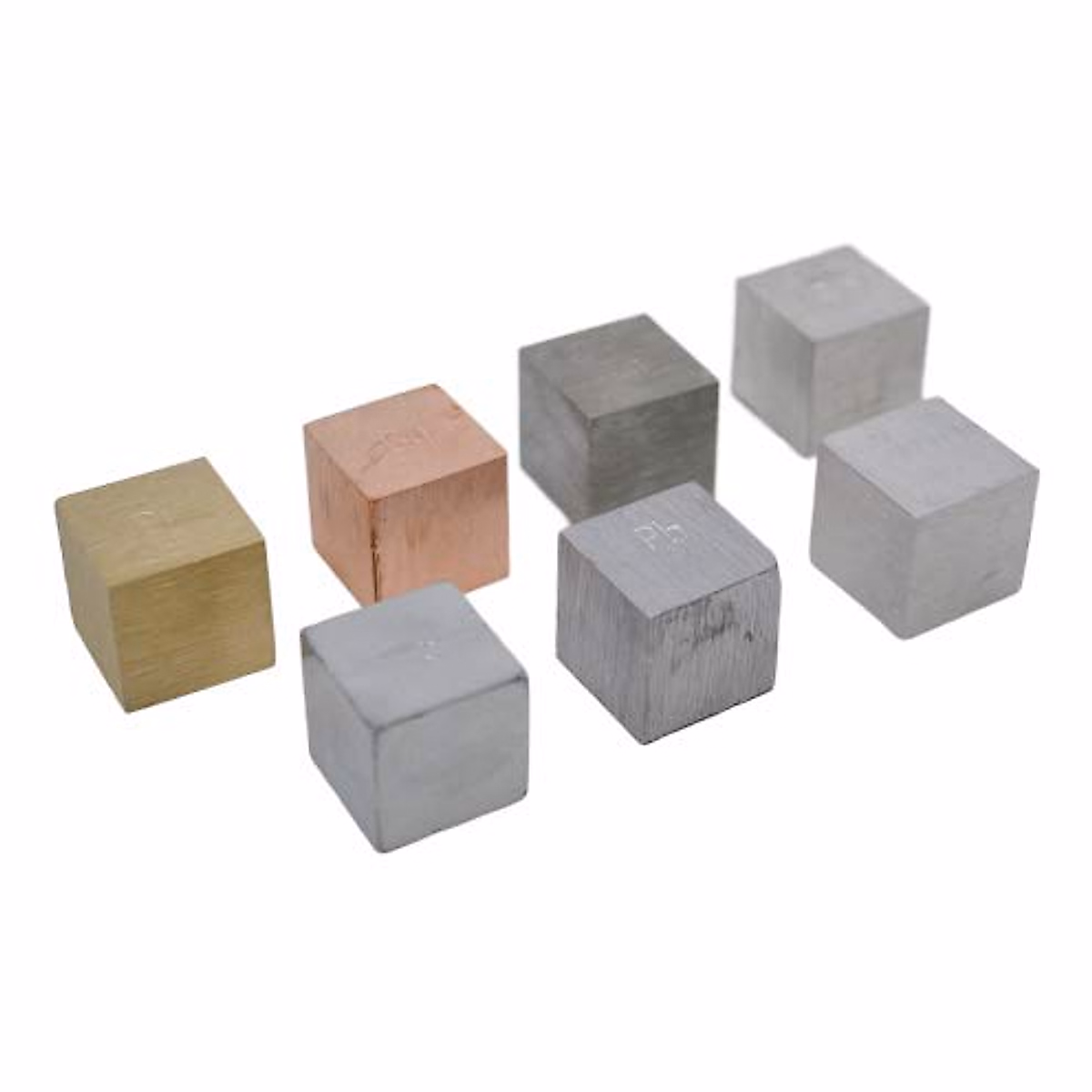 Density Cubes Set - Includes 7 Metals - Brass, Lead, Iron, Copper, Aluminum, Zinc & Tin - 0.8" (20mm) Sides - for use with Density, Specific Gravity Activities - Eisco Labs