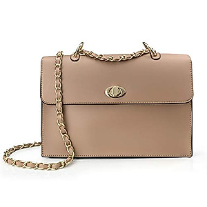Women Chain Shoulder Handbag with Turn Lock Minimalist Flap Top Cross Body Bag Purse (Nude) Medium