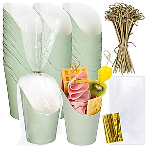 Whaline 50Pcs Sage Green Charcuterie Cups with Bamboo Sticks Plastic Treat Goodie Bags Gold Twist Ties 14oz Disposable Paper French Fries Cup Holder for Home Kitchen Baby Shower Birthday Party Supply