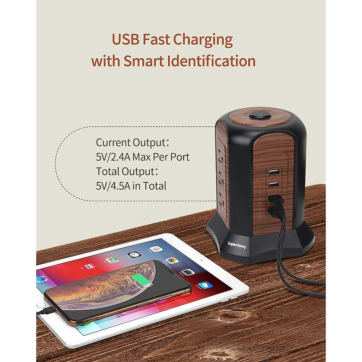 SUPERDANNY USB Surge Protector with 9 AC 4 USB Ports 9.8ft Multiple Electrical Outlet Extender for Home Office Dorm, Black/Wood Grain