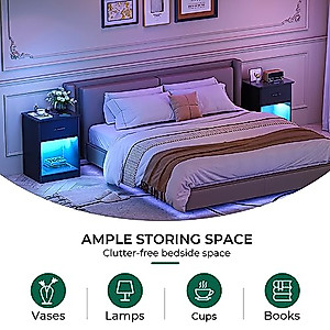 SUPERJARE L Shaped Desk with Drawers & Shelves and Nightstands Set of 2 with Charging Station & LED Light Strips, Black