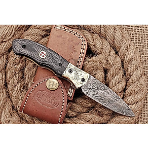 HUNTEX Custom Handmade Hand-Forged Twist Pattern Damascus Steel 4 Inch Long Pakka Wood Handle Razor Sharp Hunting Camping Folding Pocket Drop Point Knife with Genuine Leather Pouch