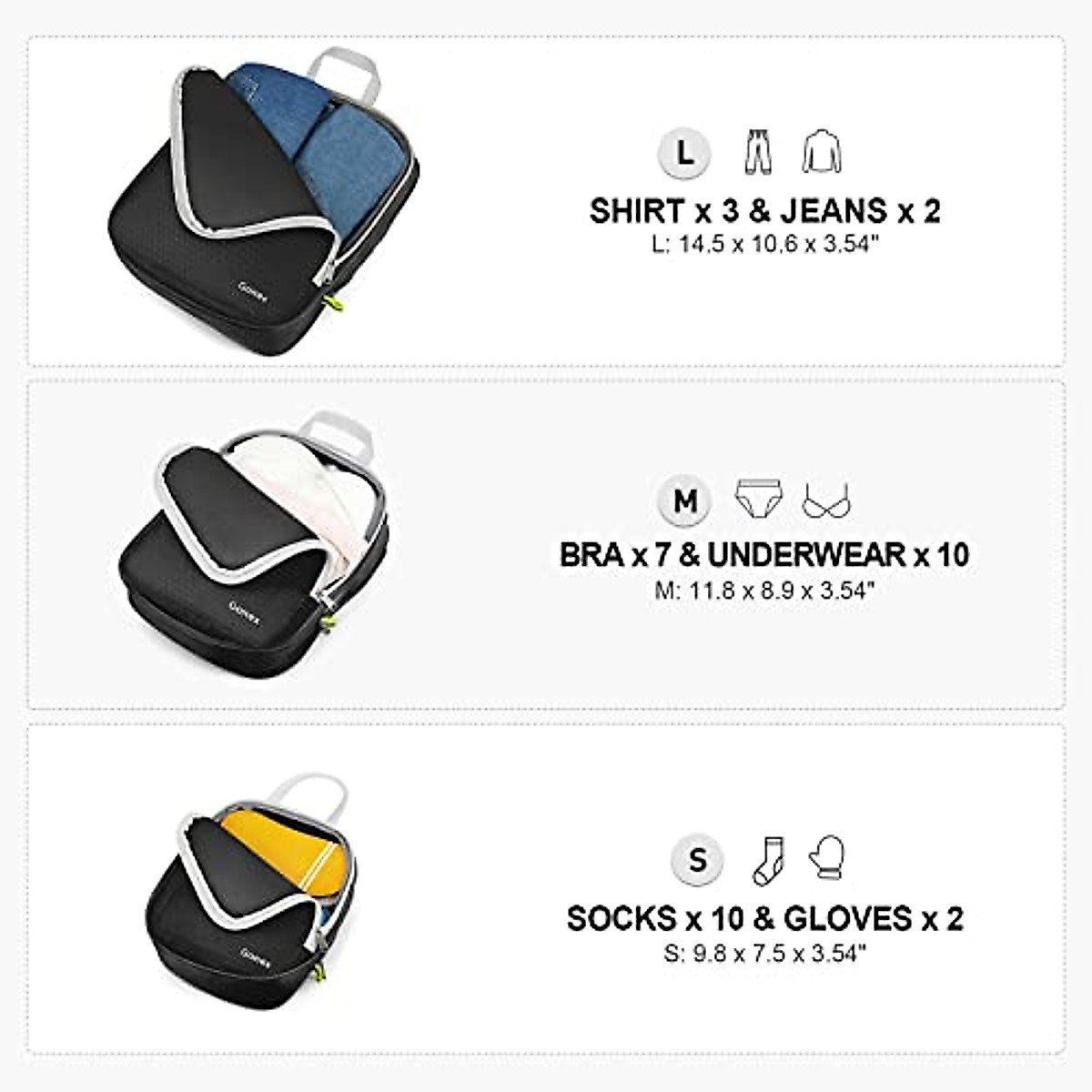 Gonex Compression Packing Cubes,3pcs L+M+S Expandable StorageTravel Bags Luggage Organizers(Black)
