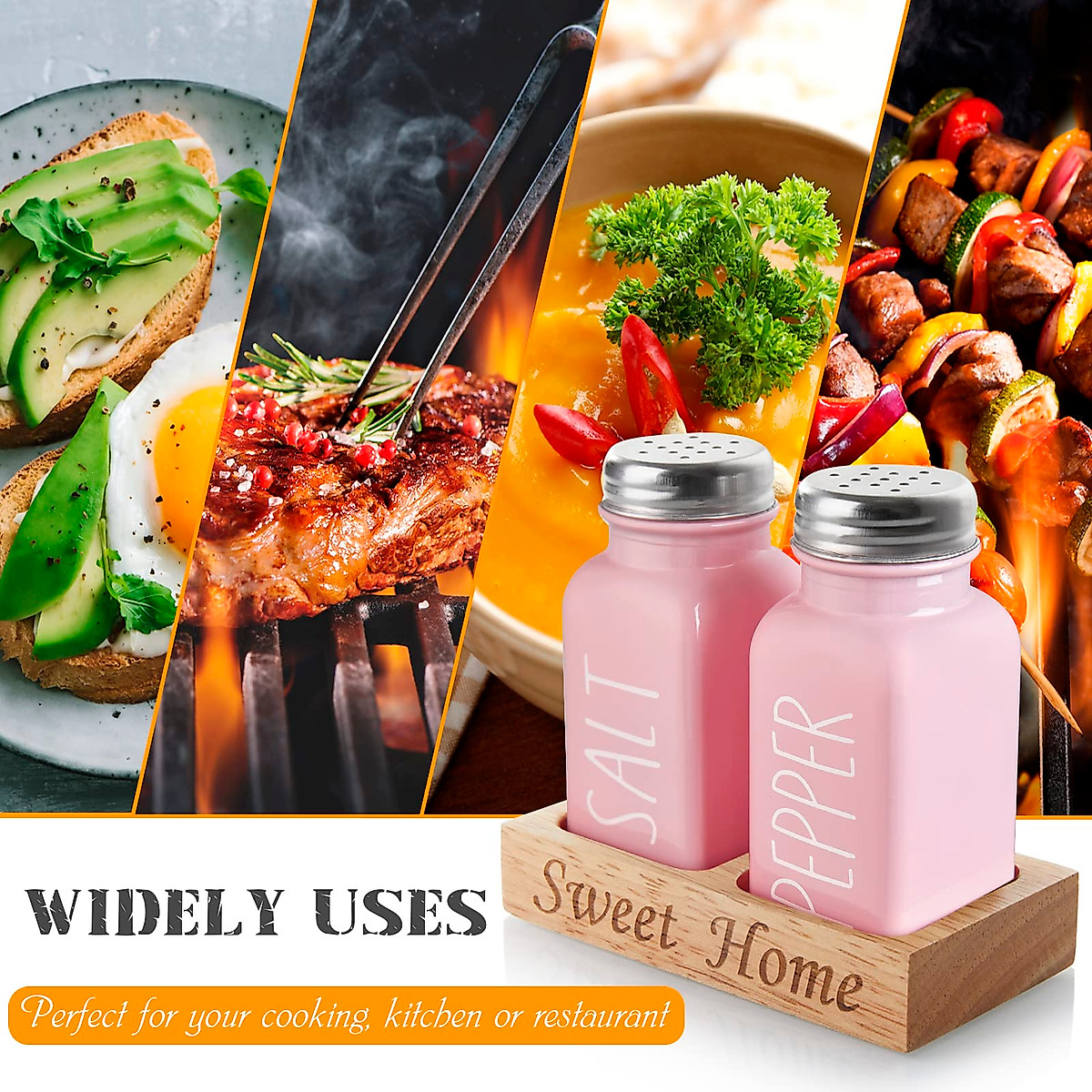 Pink Salt and Pepper Shakers Set with Holder - Pink Kitchen Home Decor and Accessories - Dopeca Glass Salt Shaker with Wood Tray for Kitchen Counter or Table -2.7 oz