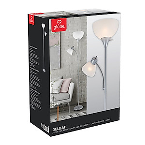 Globe Electric 67134 72" Torchiere Floor Lamp + Adjustable Reading Light, Silver, Frosted Plastic Shade, 3-Step Rotary Switch on Socket, Living Room Décor, Reading Light, Home Essentials, Bedroom