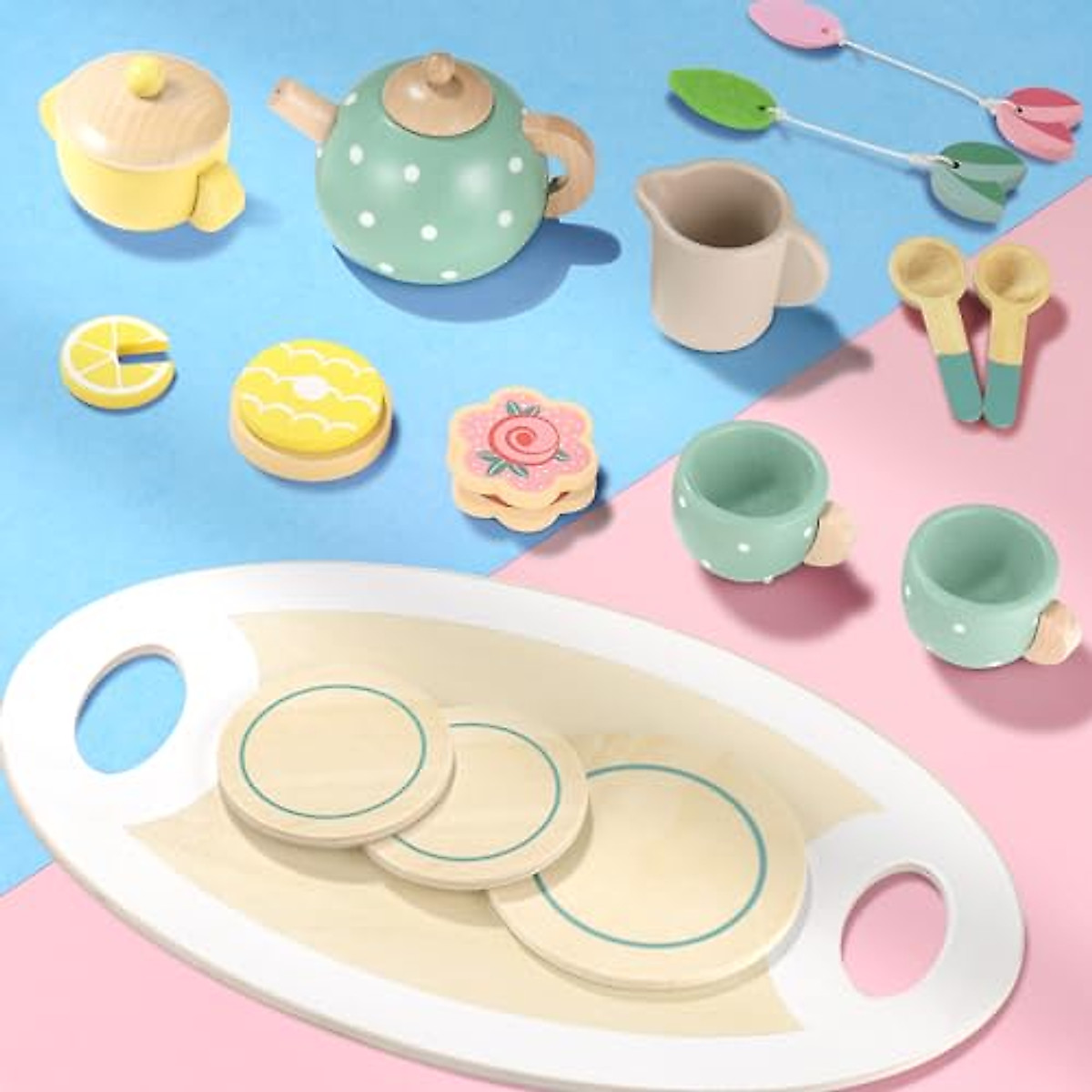 GAGAKU Wooden Tea Set for Little Girls,Wooden Toys Toddler Tea Set Play Kitchen Accessories for Kids Pretend Play Food Playset for Kids Tea Party 15Pcs