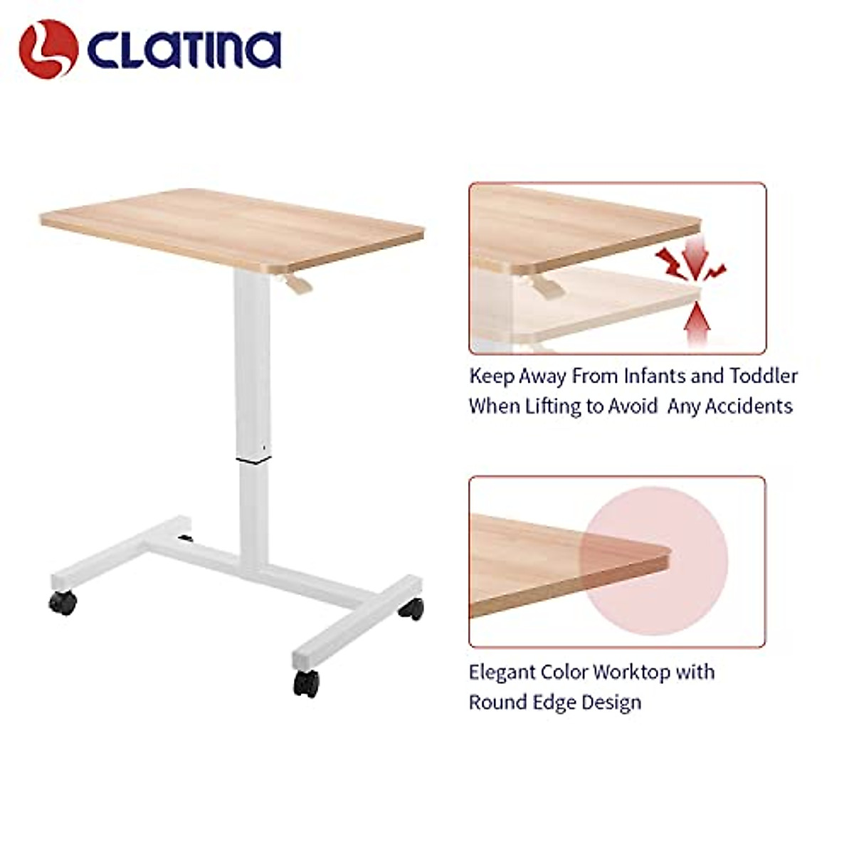 CLATINA Mobile Laptop Desk Pneumatic Sit to Stand Table Height Adjustable Rolling Cart with Lockable Wheels for Home Office Computer Workstation 28" x 19" Beige Round Edge Design Elegant