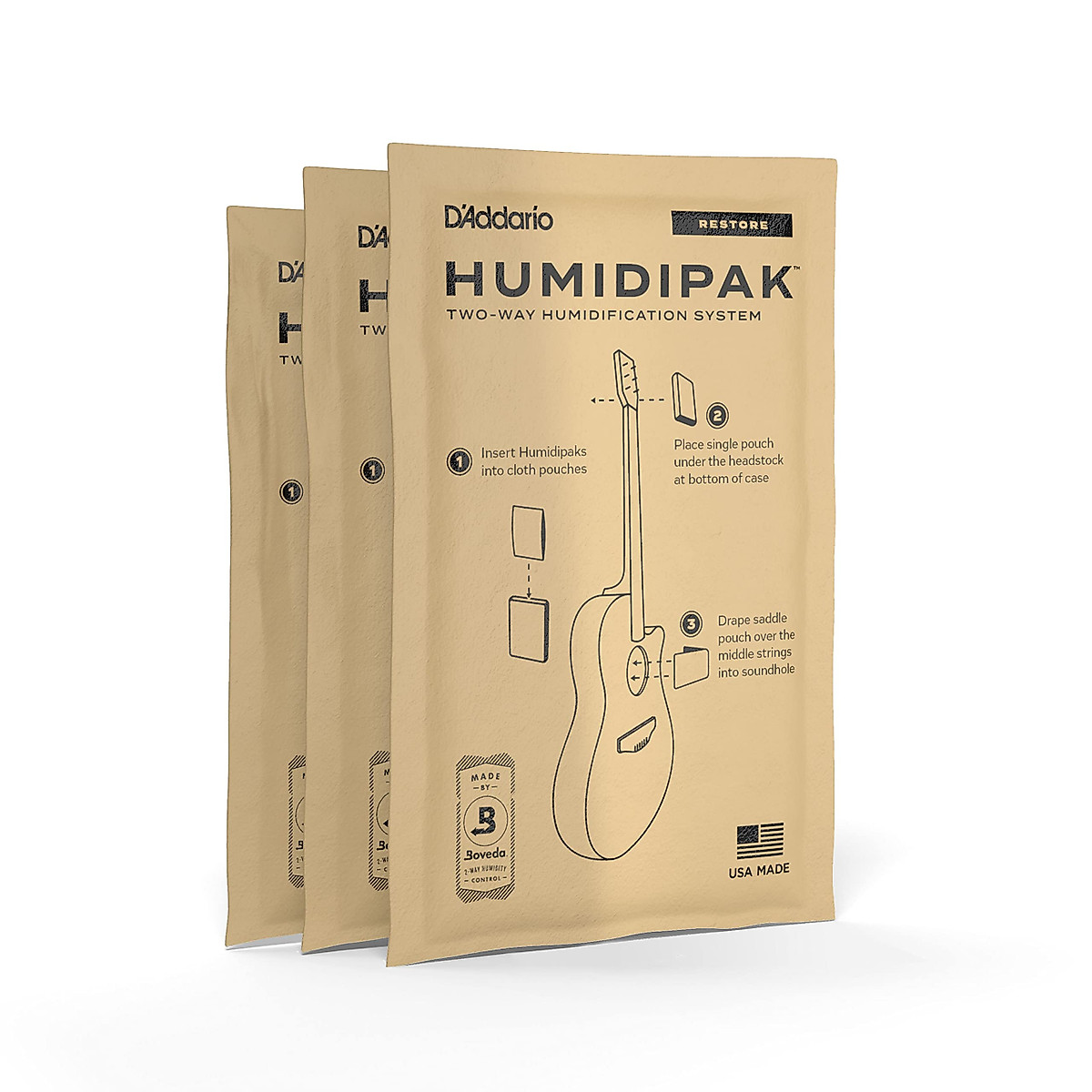 D'Addario Accessories D'Addario Guitar Humidifier Packs - Two-Way Humidification System Conditioning Packets - For Restoring to Proper Guitar Humidification Level - 3 Restore Conditioning Packets