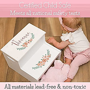 Personalized Bright Butterflies Garland White Childrens Step Stool with Storage