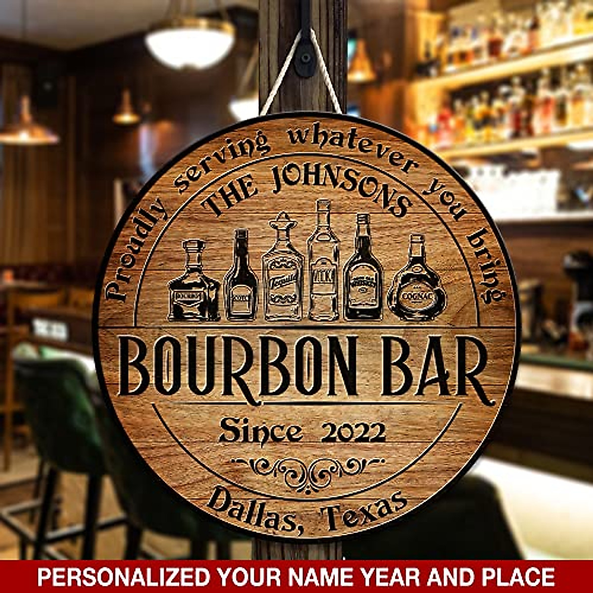 N NAMESIS All Over Printed Sign, Bar Sign, Bourbon Signs, Bar Decor, Personalized Bar Sign, Bar Signs for Home Bar, Man Cave Sign, Gift for Dad, Gift for Men, Gift for Father Day 8", 12", 18" Wood Sign