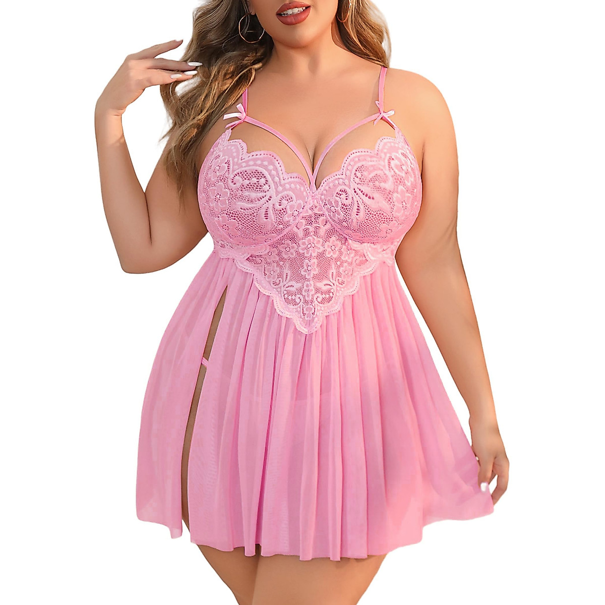 Avidlove Plus Lingerie Lace Babydoll Strap Chemise Nightgown V Neck Nightwear Sexy Sleepwear Sheer Mesh Nighty Pink XX-Large