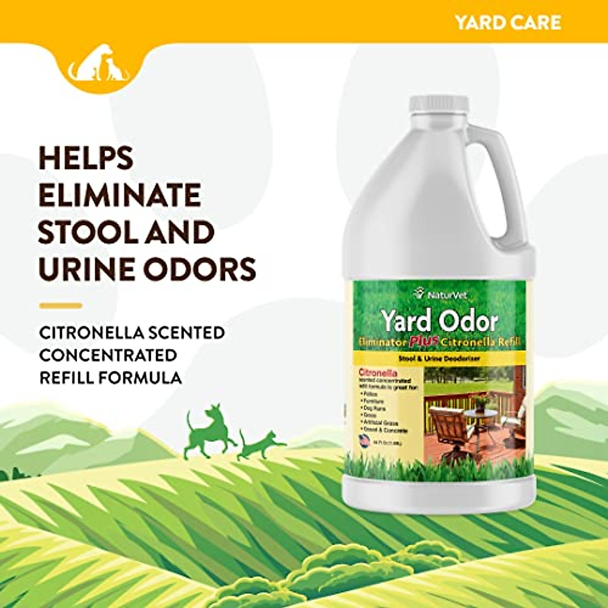 NaturVet – Yard Odor Eliminator Plus Citronella Spray – Eliminate Stool and Urine Odors from Lawn and Yard – Designed for Use on Grass, Patios, Gravel, Concrete & More – 64oz Refill (No Hose Nozzle)