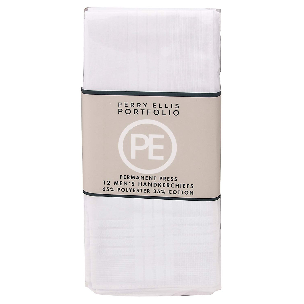 Perry Ellis 12 Pack Handkerchief (Permanent Press White with Satin Cord, 16" x 16")