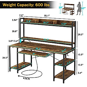 55" Computer Desk with Power Outlet & USB Ports, Reversible Desk with Hutch Shelves Keyboard Tray Monitor Shelf, Home Office Desk Gaming Desk, Study Writing Workstation, Easy Assembly, Rustic Brown