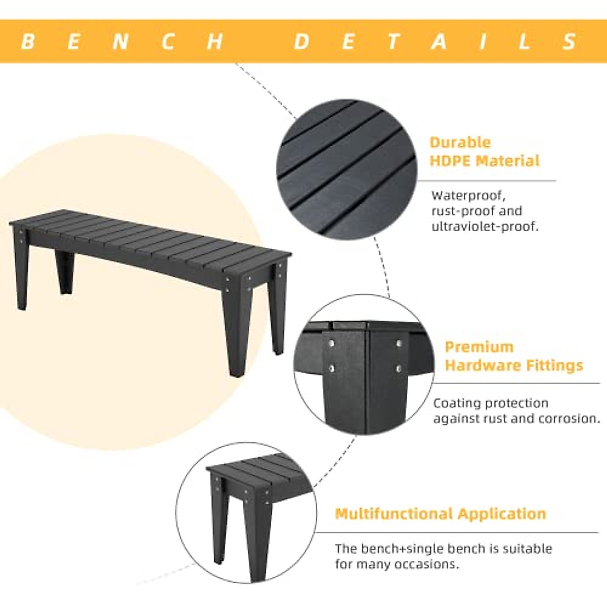 Erinnyees HDPE 5 Piece Patio Dining Set, Outdoor Table Bench Furniture Set with 1 Rectangle Dining Table, 2 Double Benches, and 2 Single Stools, for Backyard, Porch, Lawn, and Garden
