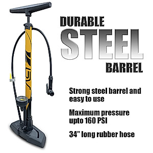 BV Bicycle Ergonomic Bike Floor Pump with Gauge & Smart Valve Head, 160 psi, Automatically Reversible Presta and Schrader