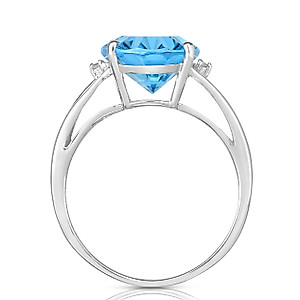 KOKAV 14K White Gold Genuine Blue Topaz 5-5/8 Ct Oval, Diamond Accent Ring, Split Shank. Size 7
