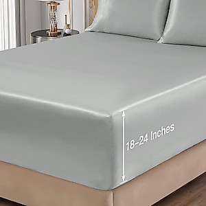 VACVELT 4pcs Extra Deep Pocket Satin Sheets Full Size Bed Set, Silver Grey Satin Sheet Set Fit 18-24 Inch Deep Pocket Mattress, Silky & Luxury Satin Bedding Set Soft & Ultra Deep Fitted Sheet Set