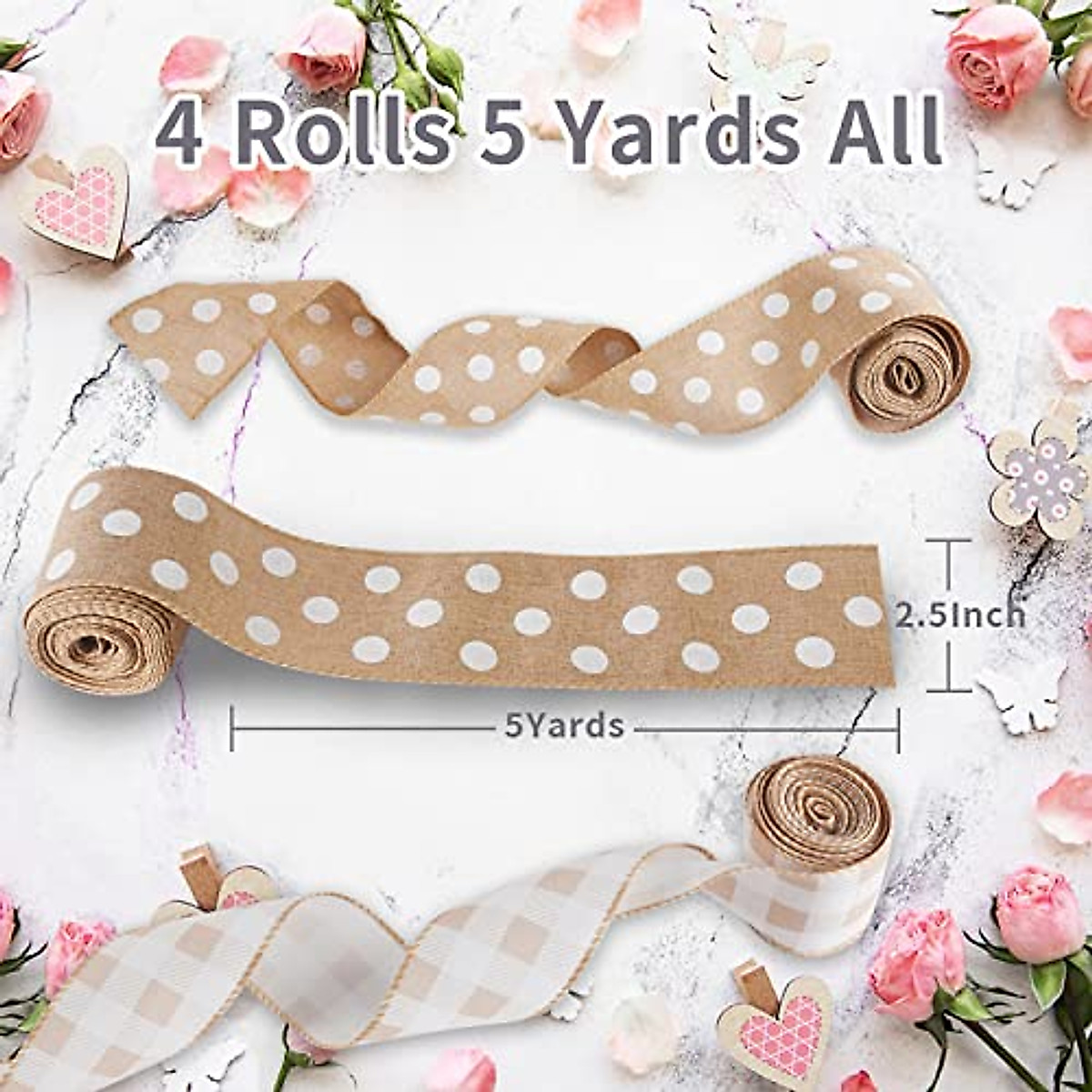 MuRealy Farmhouse Wired Ribbons 2.5 inch, 4 Rolls 20 Yards Welcome Stripe Polyester Ribbons with Buffalo Plaid, Dot Burlap Ribbon for DIY Wreaths Christmas, Birthday Wedding Decor