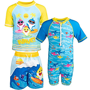 Pinkfong Baby Shark Baby Boys 3 Piece Swimsuit Set: Sunsuit Swim Rash Guard Swim Trunks 18 Months