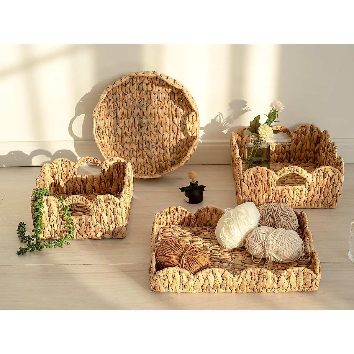 StorageWorks Scalloped Tray, Wicker Tray with Handles, Woven Square Rattan Tray, Scallop Basket Table Décor Trays, Water Hyacinth Rattan Serving Tray for Ottoman Decorative and Organizer Trays