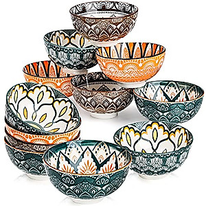 Foraineam 12 Pack Porcelain Bowls, 10 Ounces Small Bowl Set, Colorful Floral Round Bowl for Soup, Ice Cream, Snacks, Rice, Salad, Fruits, Side Dishes, Dishwasher and Microwave Safe