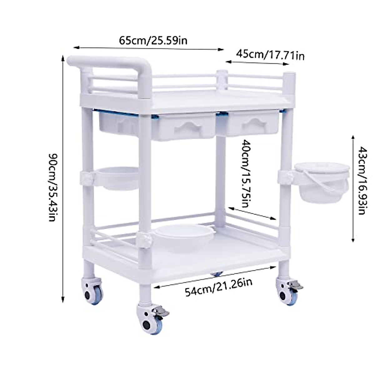 Rolling Utility Cart, 3-Tier Heavy Duty Cosmetology Cart with 360° Swivel Wheels, Dirt Bucket and Drawer for Beauty Salon SPA, Commercial Hospital Office Lab Cart (White)