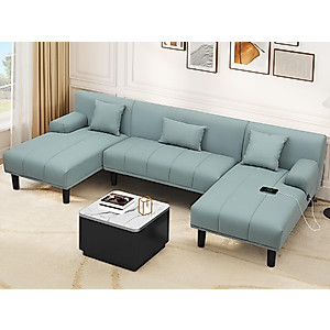 YITAHOME Sectional Couches for Living Room, U Shaped Sofa Faux Leather Modern Modular Couch with USB & Type C Charging Ports Double Chaise and Comfy Upholstered, Blue