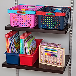 IRIS USA Boy's Medium Deep Decorative Storage Basket with Comfortable Grip Handles, 8 Pack, Toy Box, Nestable, Stackable, Kid's Storage Box for Book and Toy, Kid's Room Playroom Organizer, Navy/Red