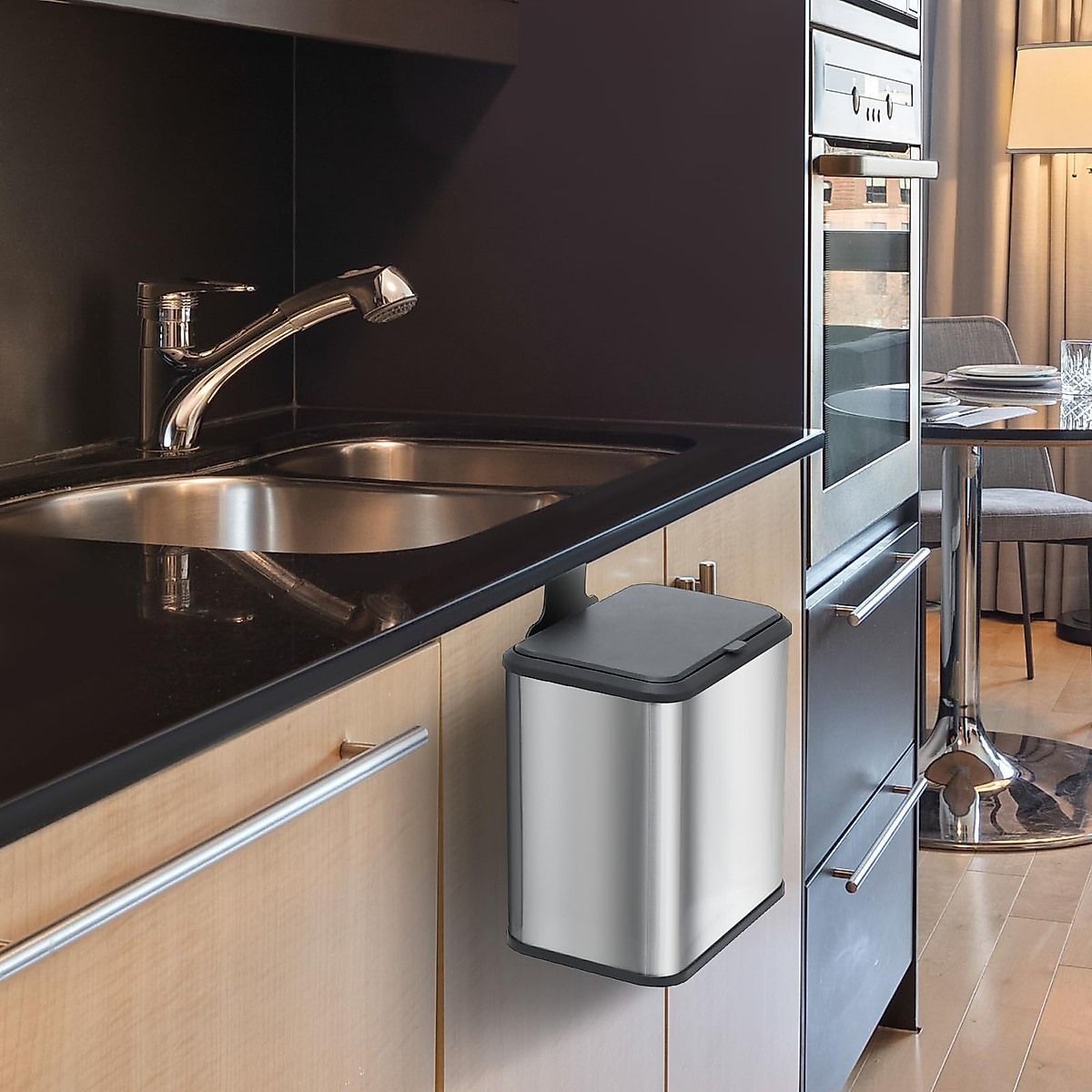 MoNiBloom 1.3-Gallon Small Hanging Trash Can for Kitchen Bathroom Bedroom Living Room Home Office Dorm Fingerprint-Proof Garbage Bin Removable Bucket Brushed Stainless Steel 5-Liter (Silver)