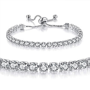 GEMOSA Tennis Bracelets for Women White Gold Plated Diamond AAA+ Cubic Zirconia CZ Dainty Classic Adjustable Slider Bracelet Silver Fashion Jewelry Wedding Gift
