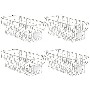 4 Pack Large Stackable Wire Baskets For Pantry Storage and Organization - Metal Storage Bins for Food, Fruit - Kitchen Bathroom Closet Cabinets Countertops Organizer, White