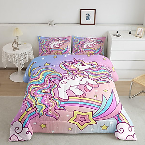 Feelyou Unicorn Bedding Set for Kids Girls Unicorn Glitter Comforter Twin Size Star Rainbow Comforter Set Cute Unicorn Quilt Set 2Pcs