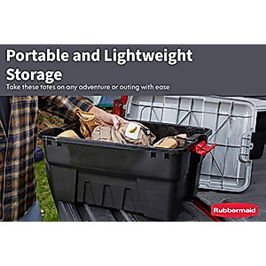Rubbermaid Pack & Go 14 Gal Storage Tote, Durable Design and Easy to Transport, Built-In Handles, Tie Down Channels and Lockable Snap Tight Lid, Black Base with Gray Lid and Red Handles, Pack of 3