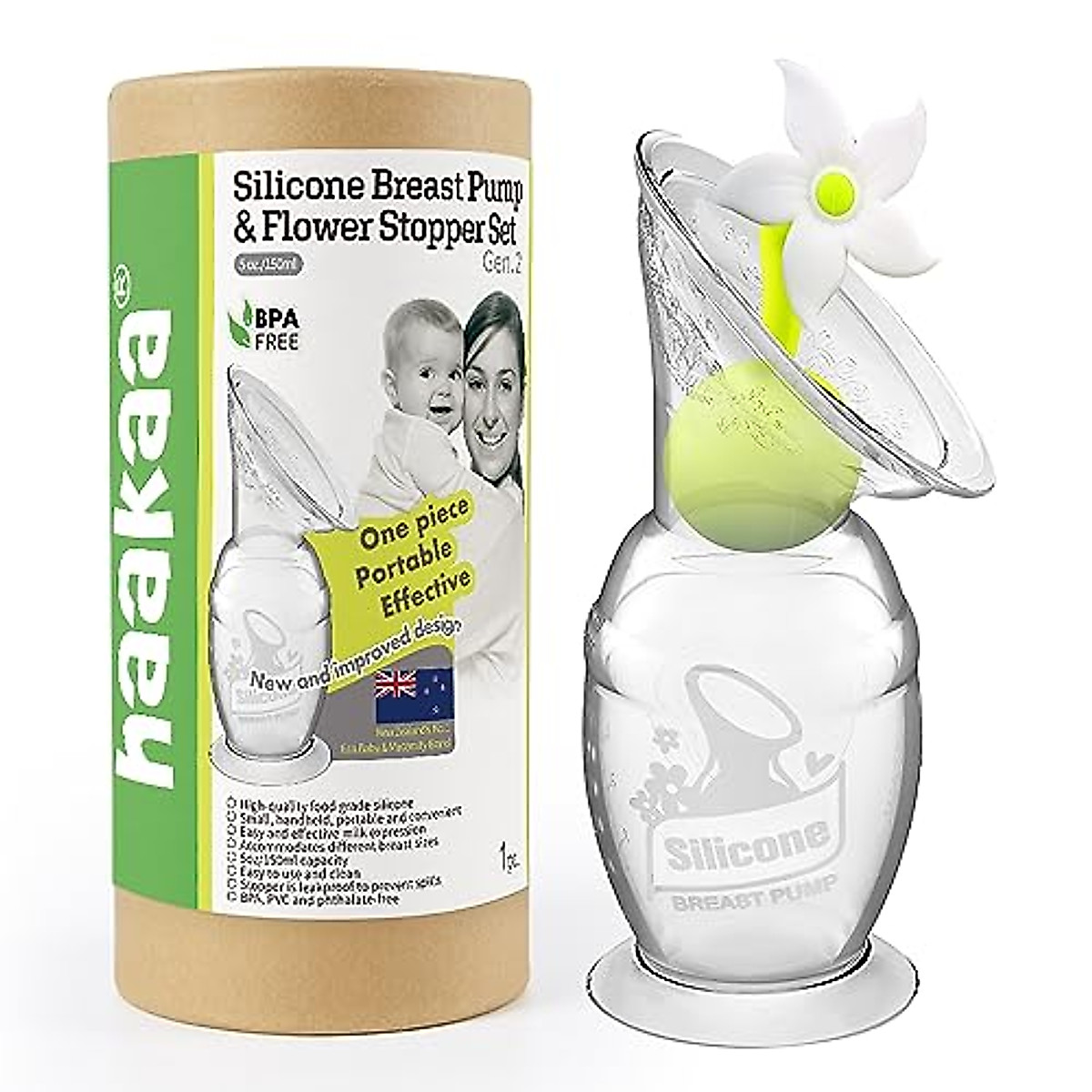 Haakaa Manual Breast Pump Silicone Breast Pump Milk Saver Milk Pump with Suction Base and Flower Stopper 100% Food Grade Silicone BPA Free (5oz/150ml) (White)