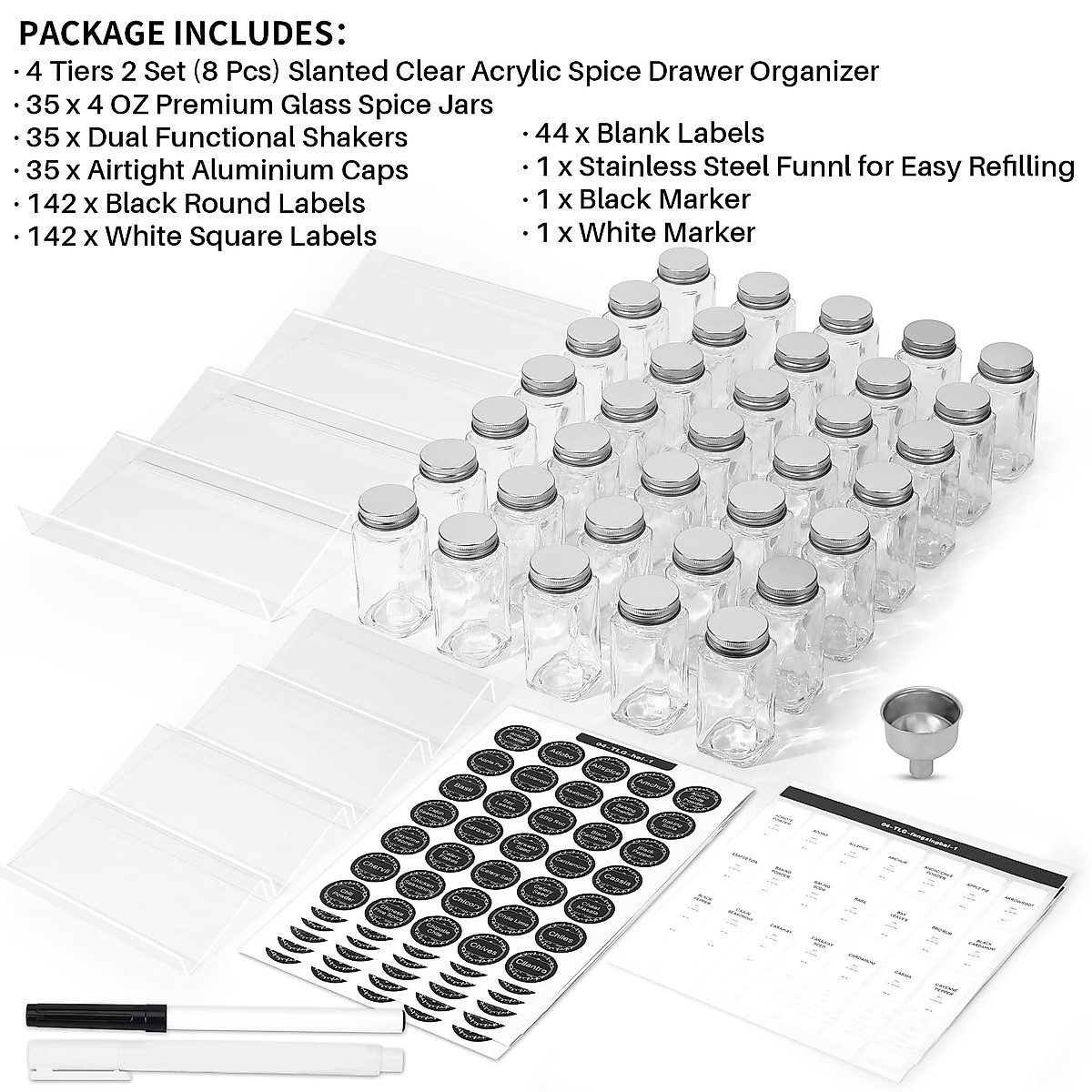 Brippo Spice Drawer Organizer with 35 Spice Jars, 328 Labels, Sift and Pour Shake Lids with Airtight Aluminium Caps, 4 Tier (2 Set) Clear Acrylic Drawer/Countertop Tray Rack with Seasoning Containers