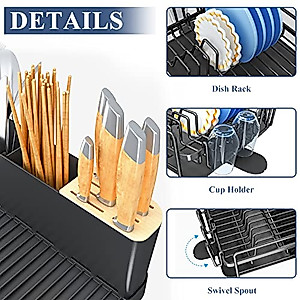 HERJOY Dish Drying Rack for Kitchen Counter, Large Dish Rack Expandable Black Drying Dish Drainers Rack, Anti-Rust Drying Rack with Drainboard and Cup Holders Rack Organizer